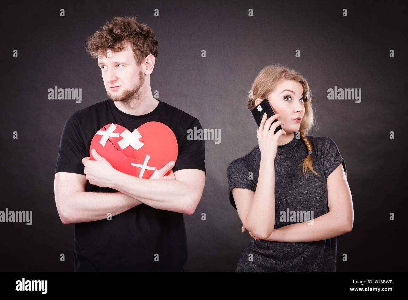 Betrayal and break up. Young attractive blonde woman calling flirting ...
