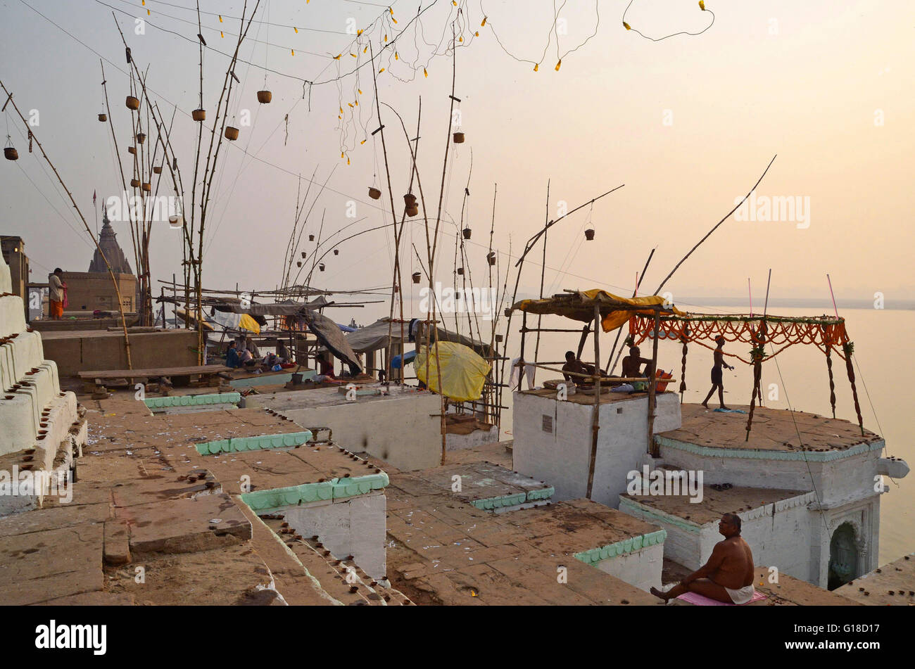 The holy river ghats of Varanasi, full with their colorful religious ...