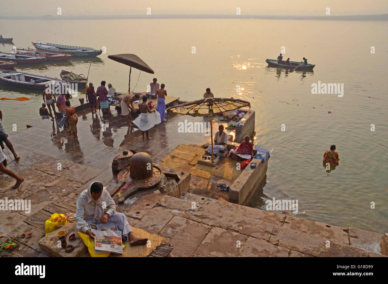 The holy river ghats of Varanasi, full with their colorful religious ...