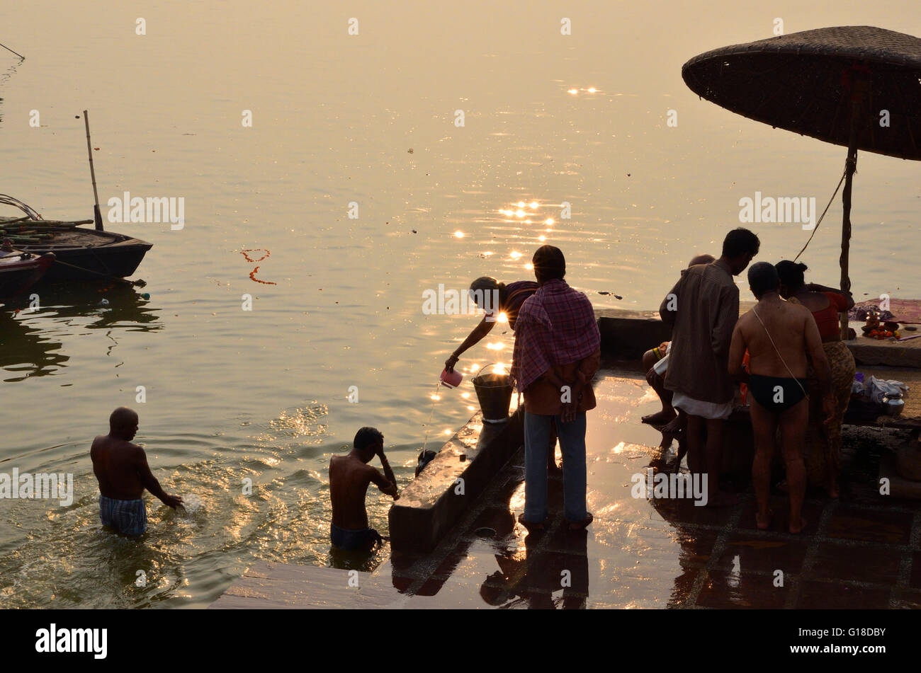 The holy river ghats of Varanasi, full with their colorful religious ...