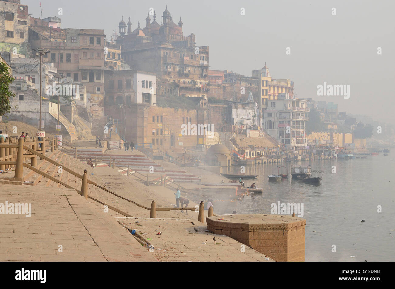 The holy river ghats of Varanasi, full with their colorful religious ...