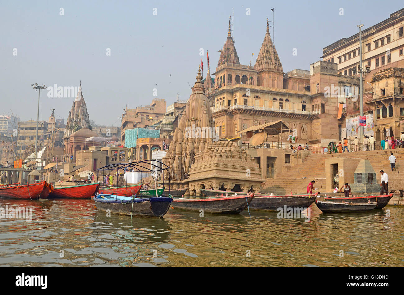 The holy river ghats of Varanasi, full with their colorful religious ...