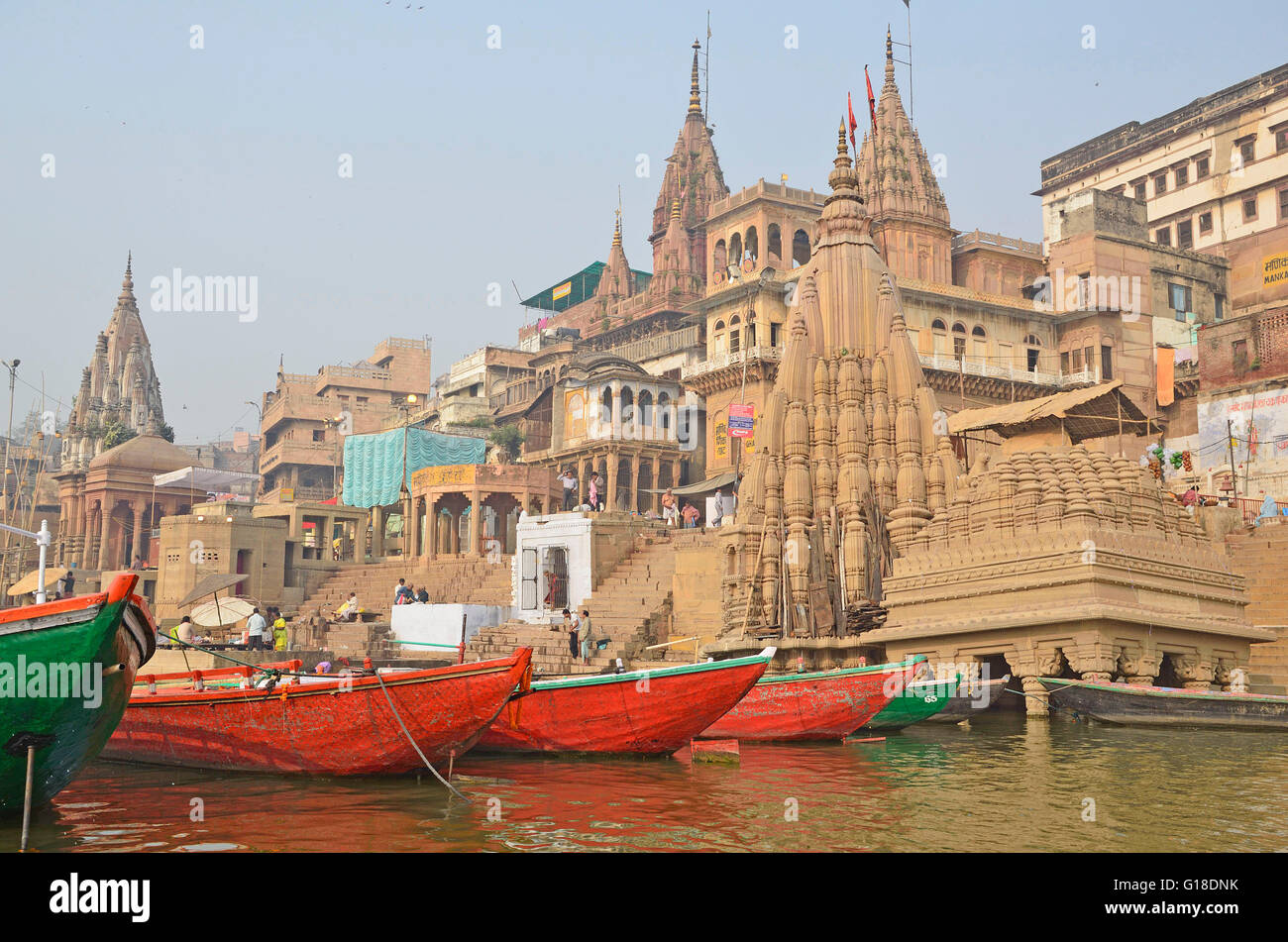 The holy river ghats of Varanasi, full with their colorful religious ...