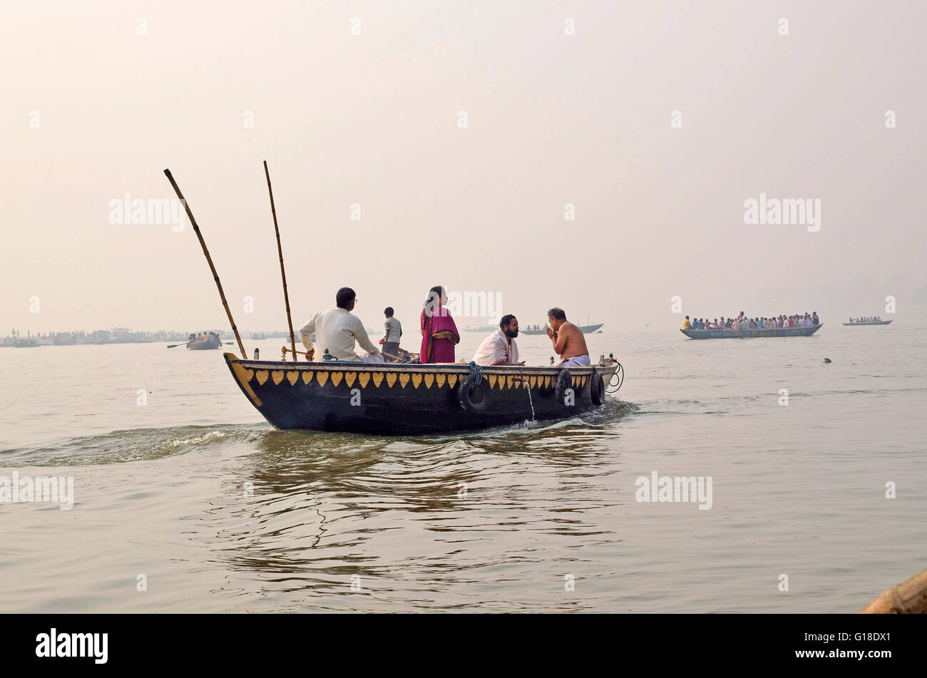 The holy river ghats of Varanasi, full with their colorful religious ...