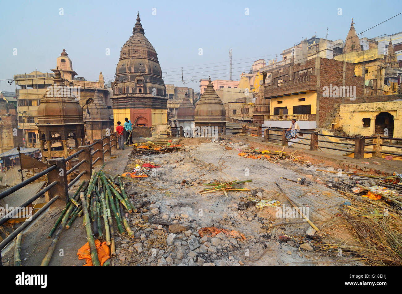 Manikarnika Ghat, the holy cremation ground for the Hindus, on the bank ...