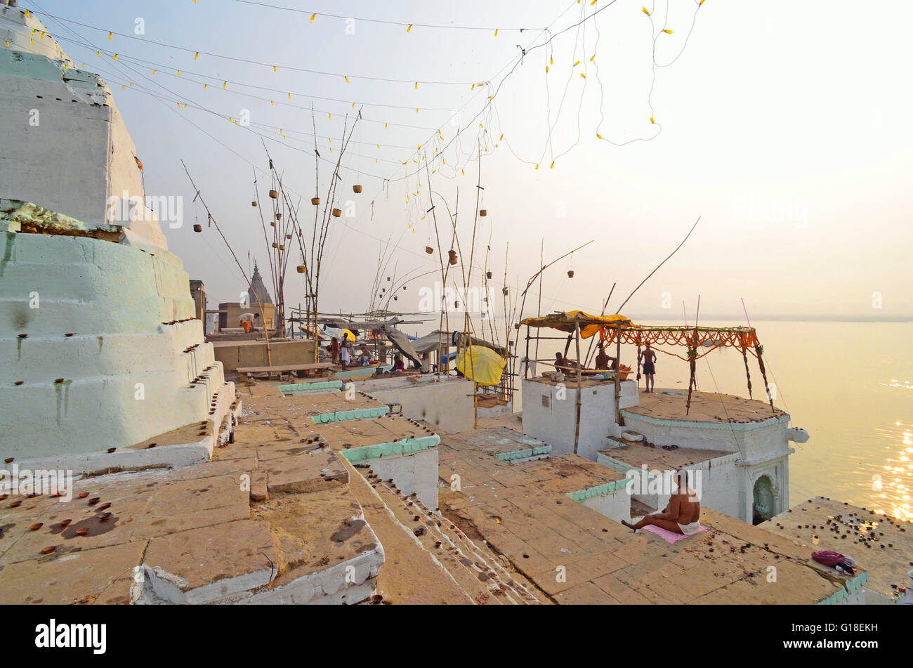 The holy river ghats of Varanasi, full with their colorful religious ...