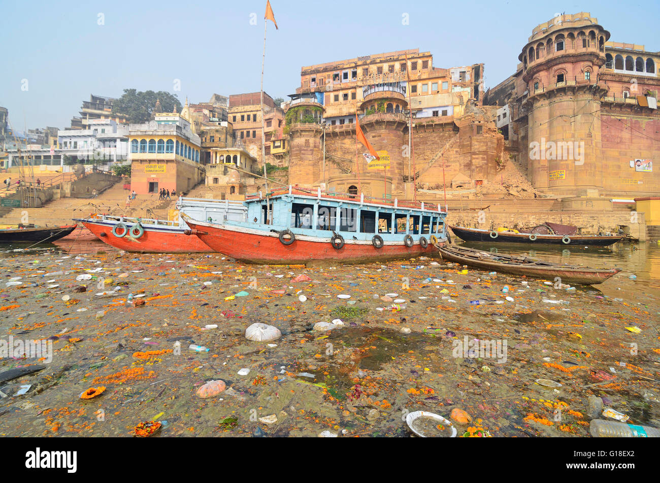 The holy river ghats of Varanasi, full with their colorful religious ...