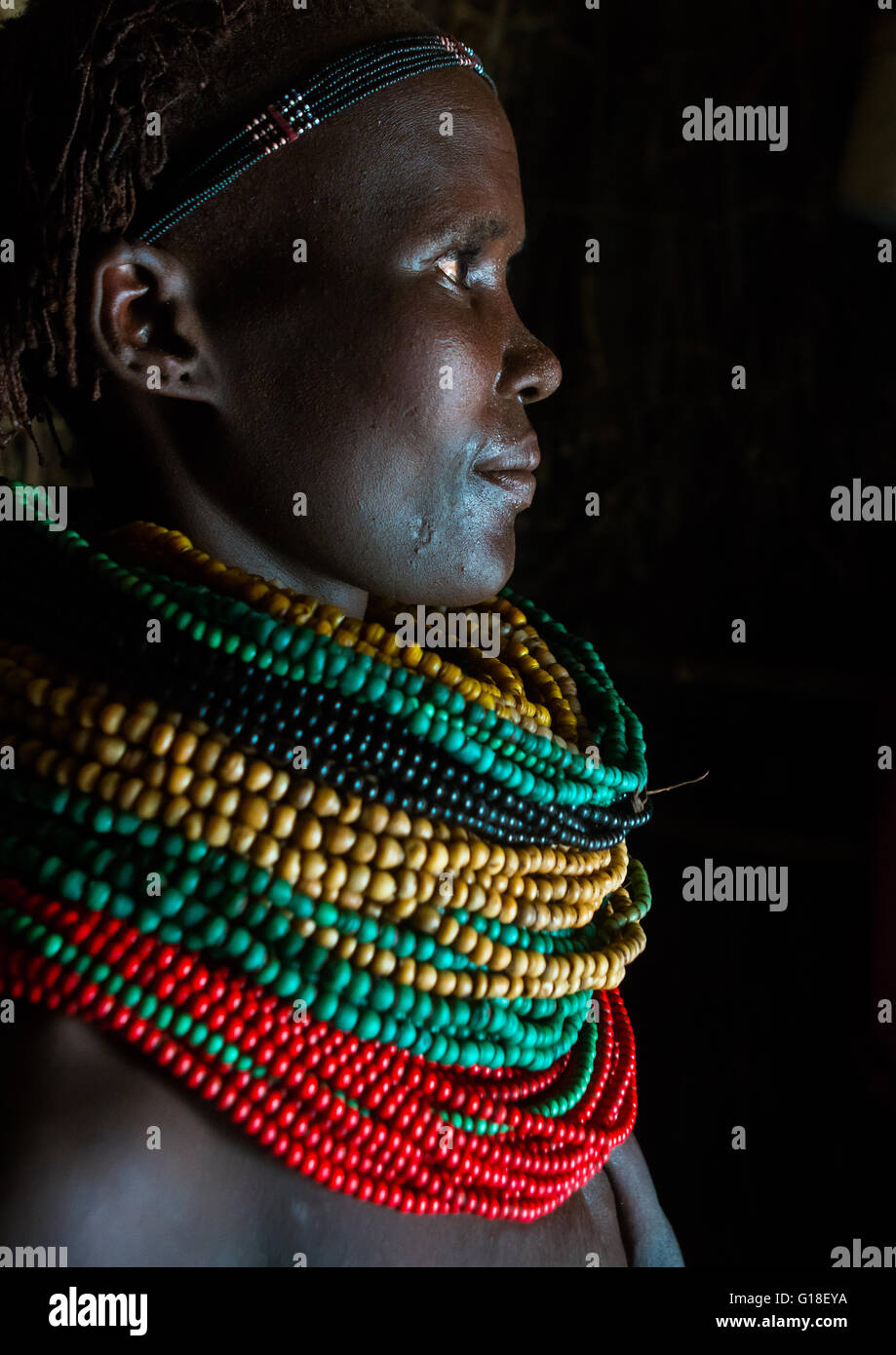Nyangatom tribe woman profile with piles of beads, Omo valley, Kangate ...