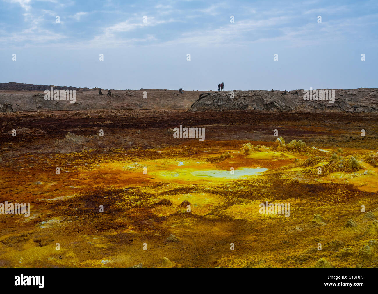 Tourists in the colorful volcanic landscape of dallol in the danakil ...