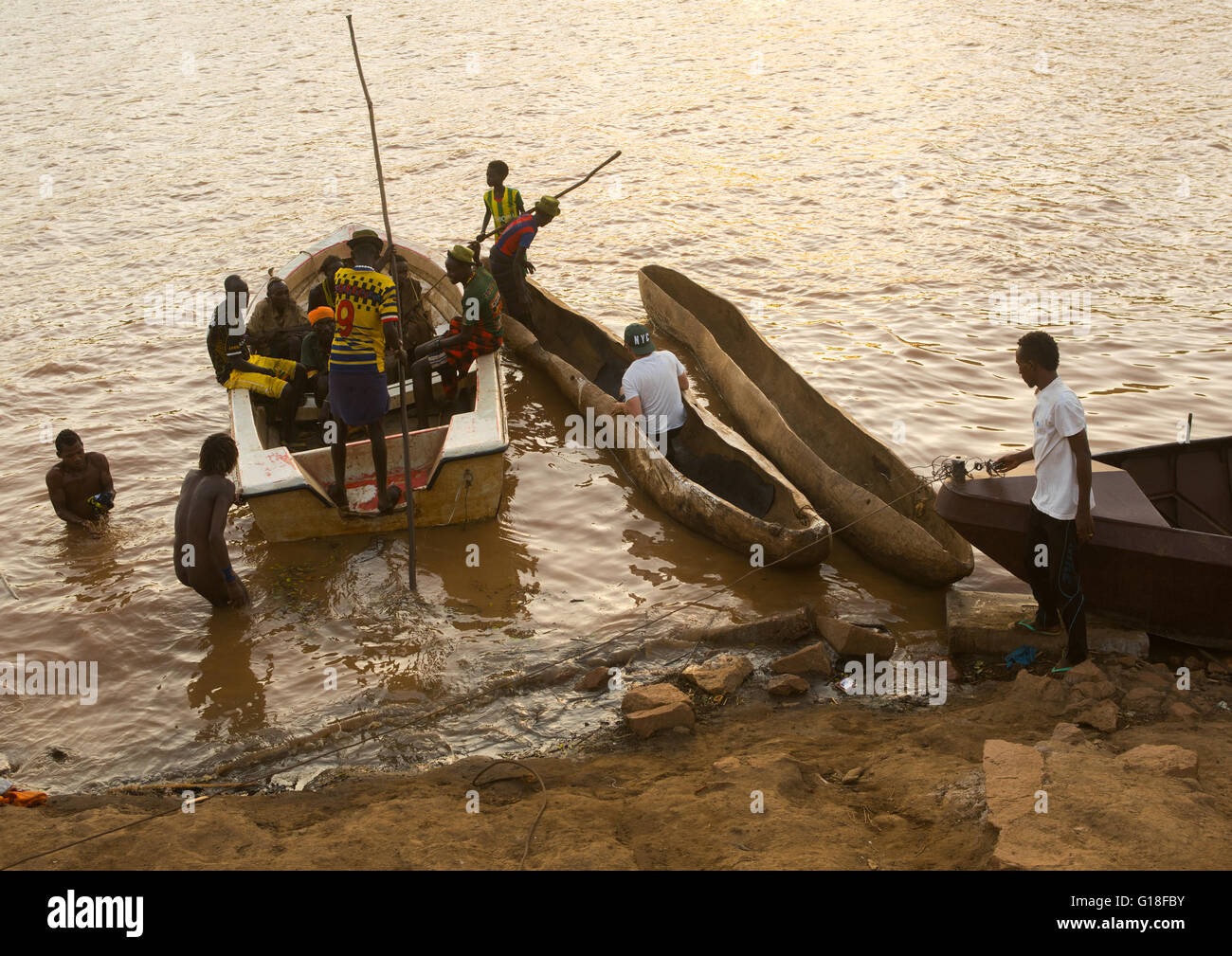 Trunk boats to cross the omo river, Omo valley, Omorate, Ethiopia Stock ...