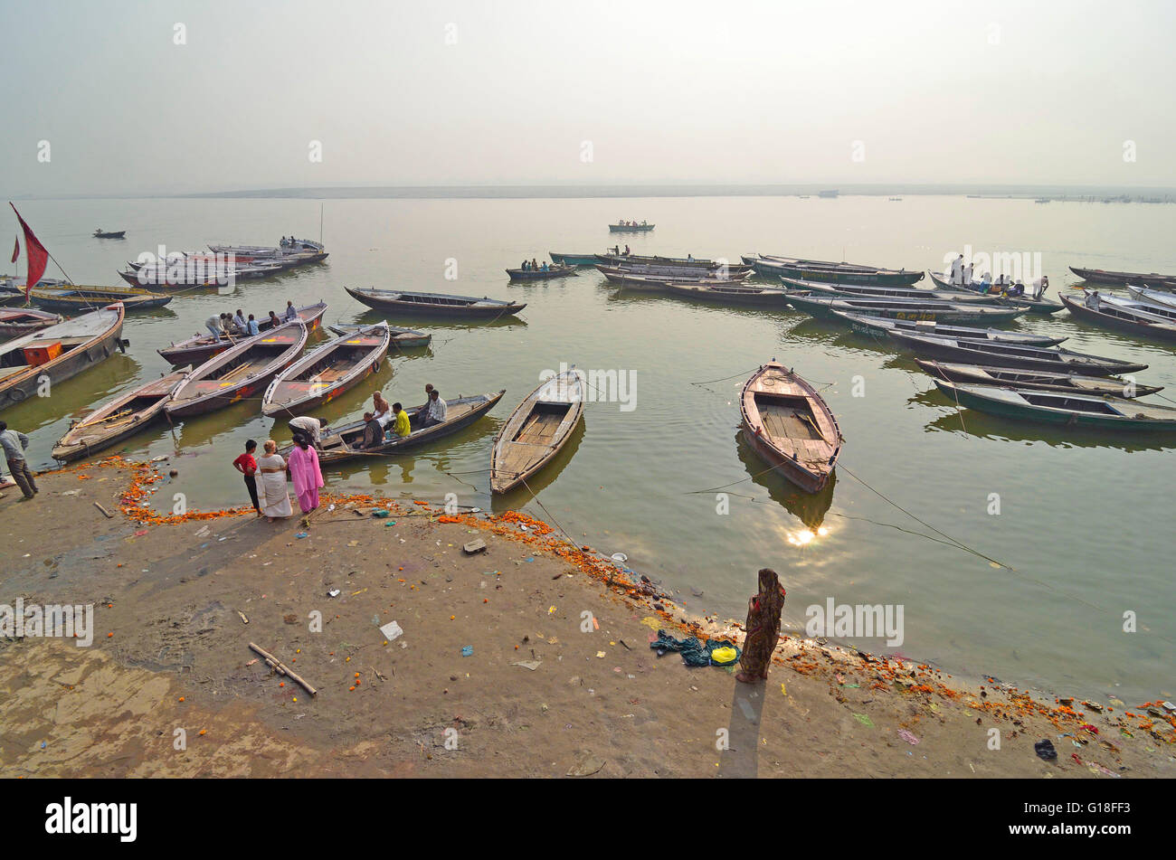 The holy river ghats of Varanasi, full with their colorful religious ...