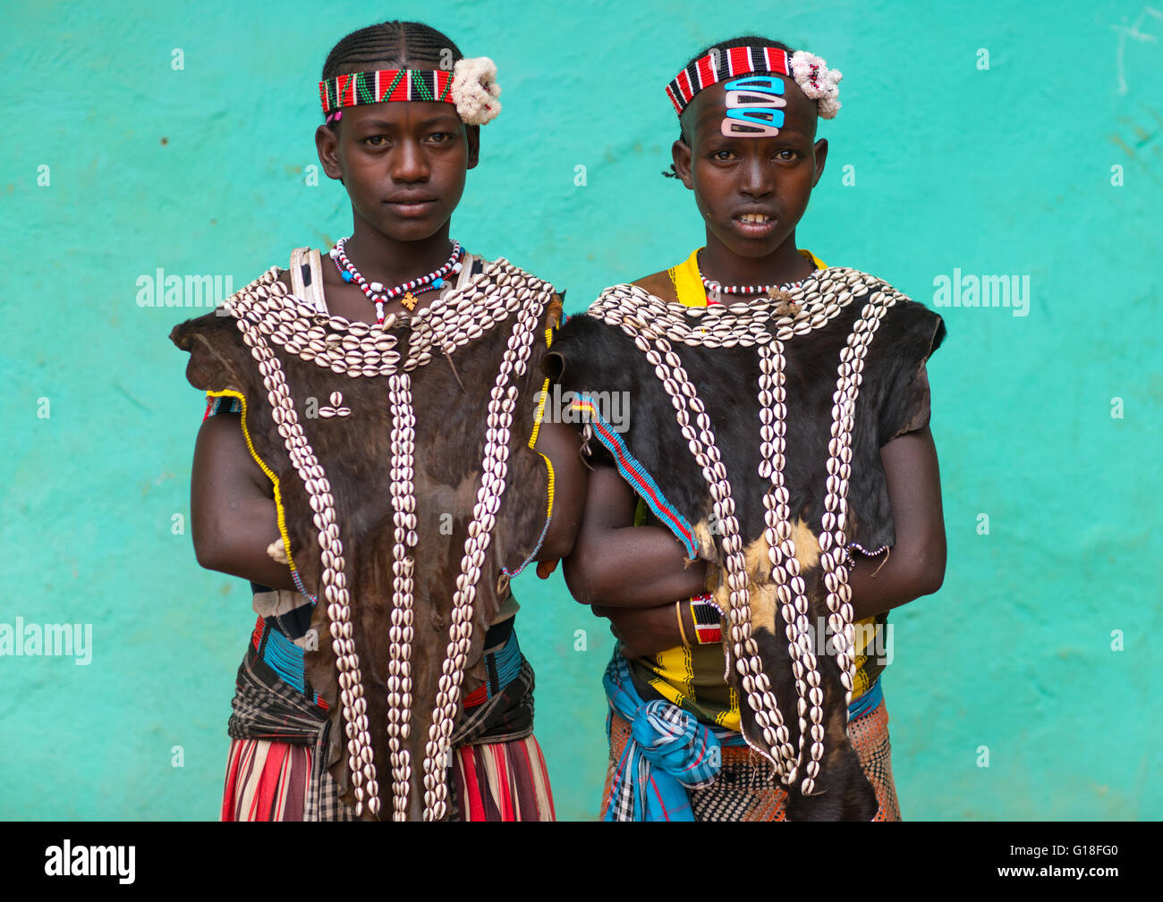 Tsemay tribe girls with traditional goat skin clothes, Omo valley, Key ...