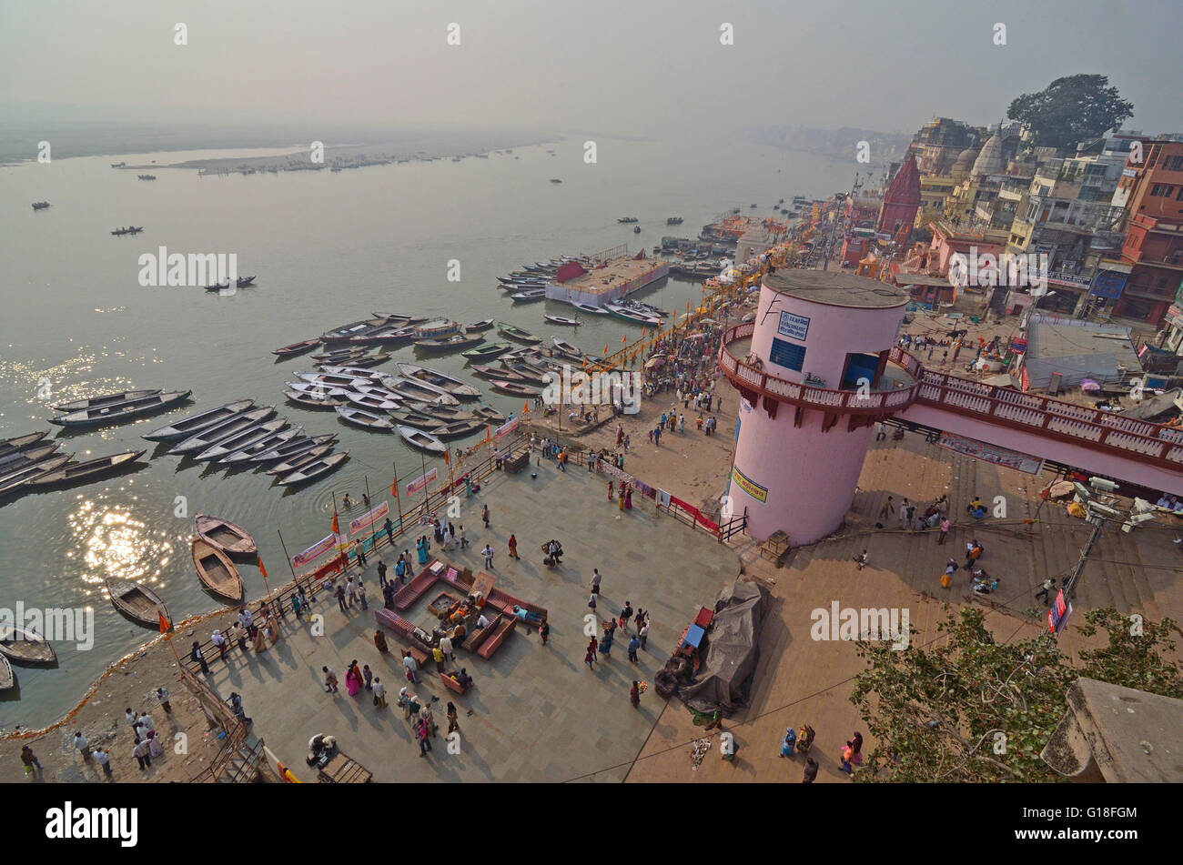 Bird's eye view of Dashashwamedh Ghat, with holy river Ganga flowing by ...
