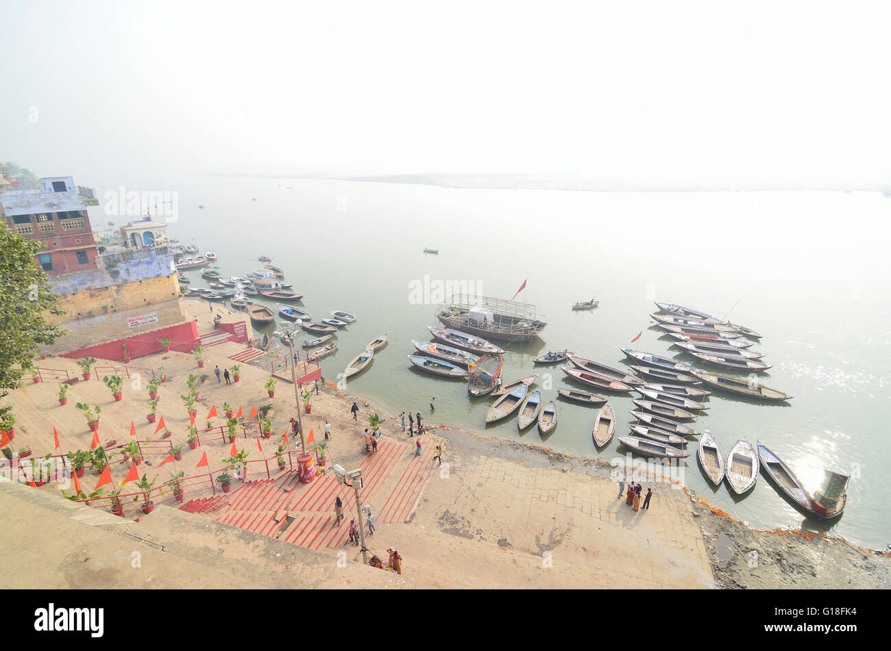 Bird's eye view of Dashashwamedh Ghat, with holy river Ganga flowing by ...