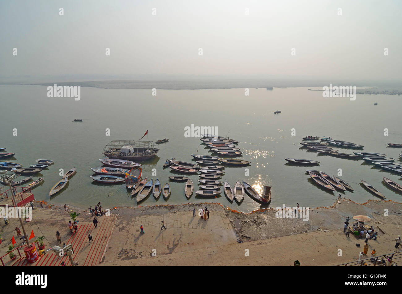 Bird's eye view of Dashashwamedh Ghat, with holy river Ganga flowing by ...