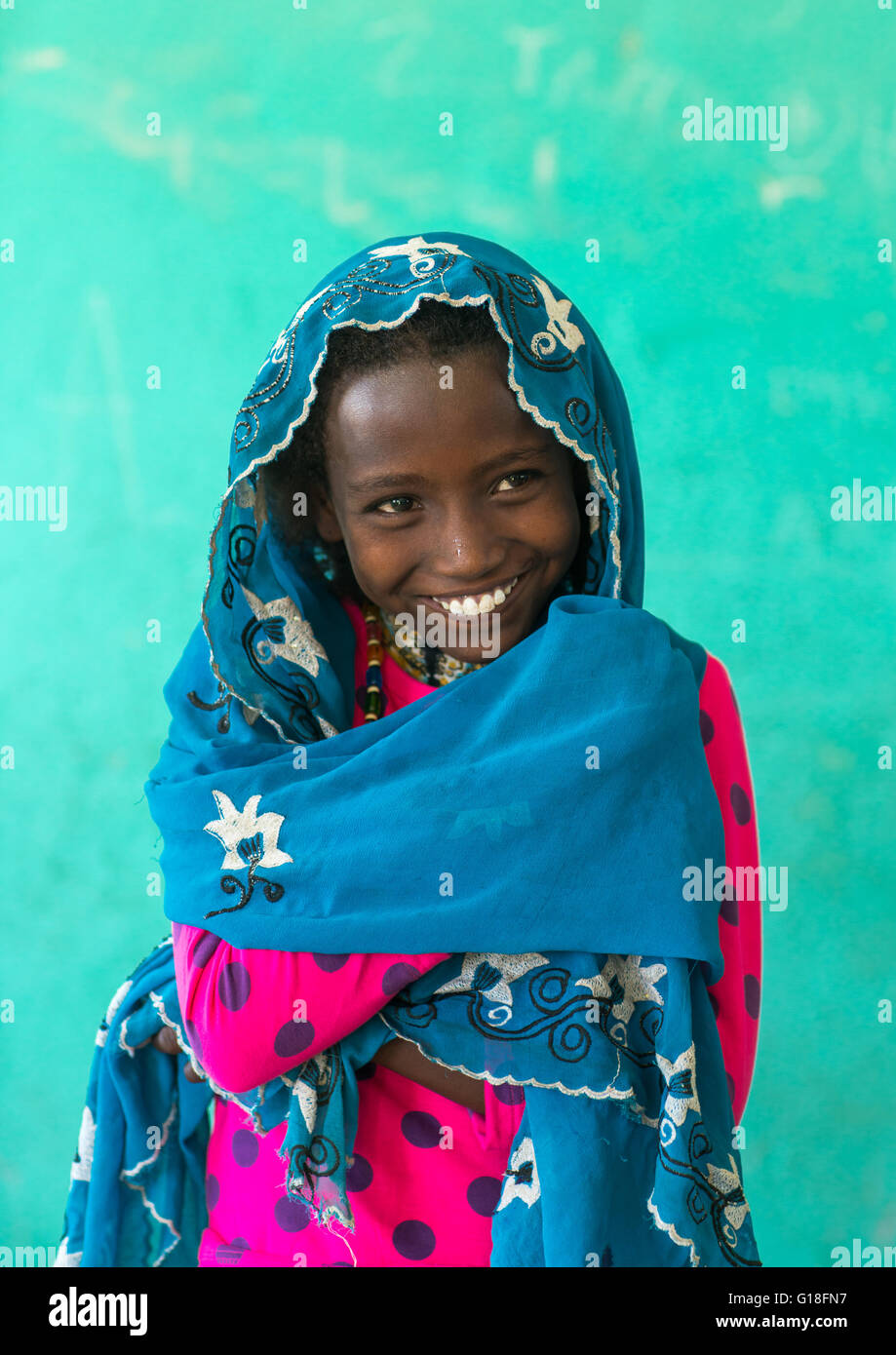 Portrait of a smiling afar tribe girl, Afar region, Semera, Ethiopia ...