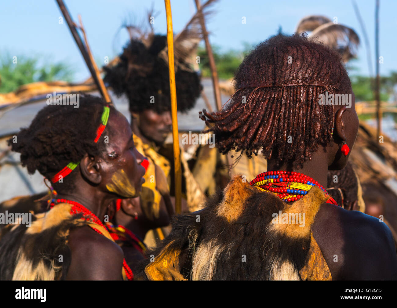 Dassanech men and women during dimi ceremony to celebrate circumcision ...