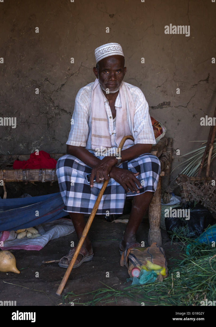 Afar tribe elder sit in his house, Afar region, Afambo, Ethiopia Stock ...