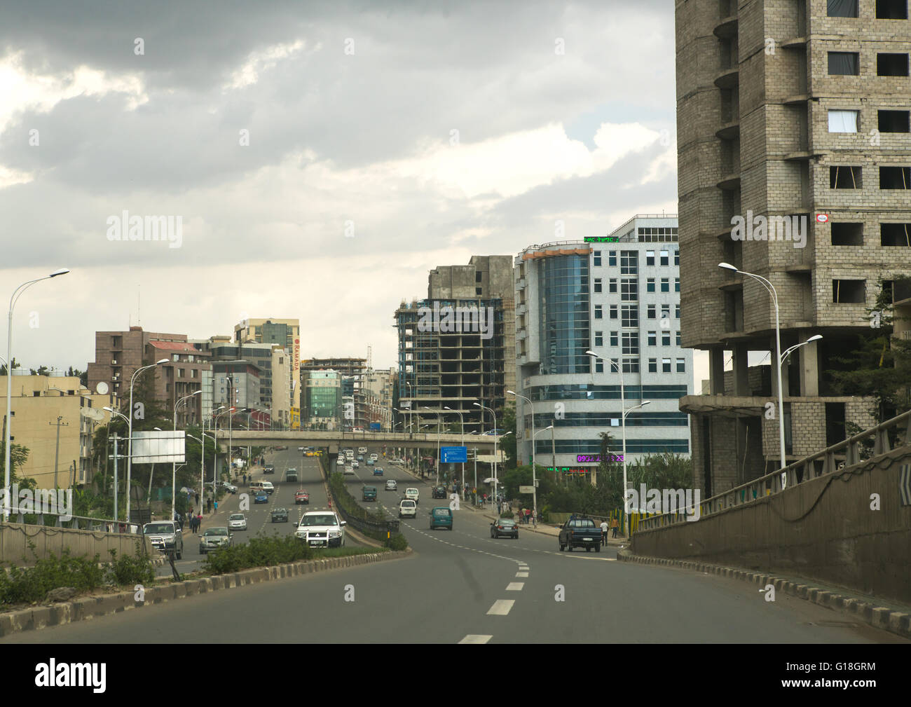 Street scene showing traffic and modern buildings, Addis abeba region ...