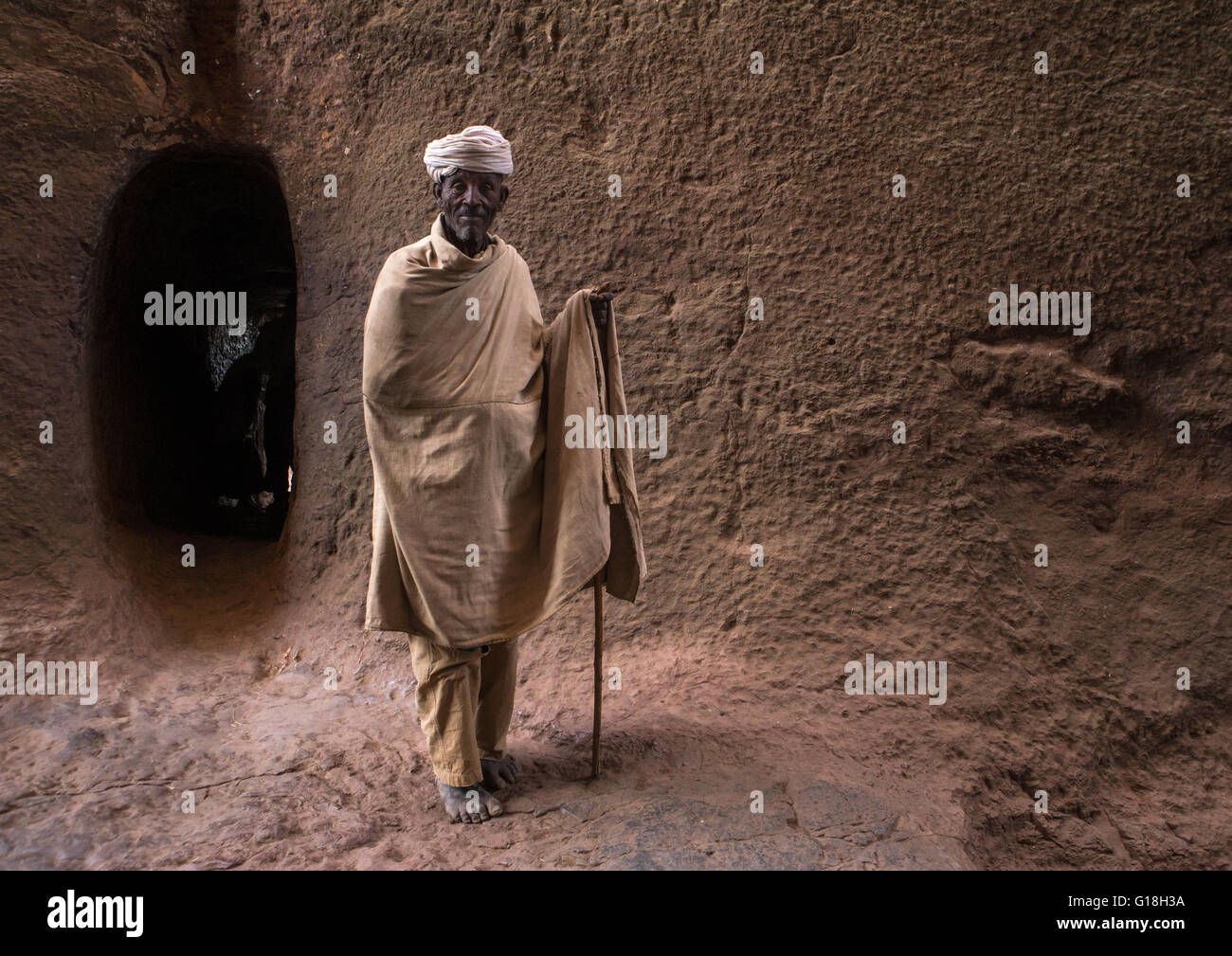Lonely ethiopian monk during kidane mehret orthodox celebration, Amhara ...