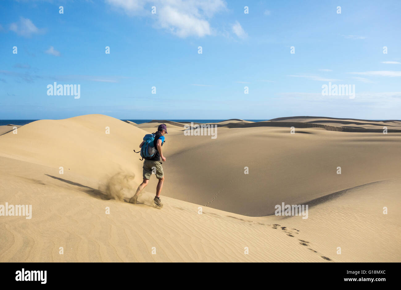 Trail runner training for desert ultra marathon on coastal sand dunes ...