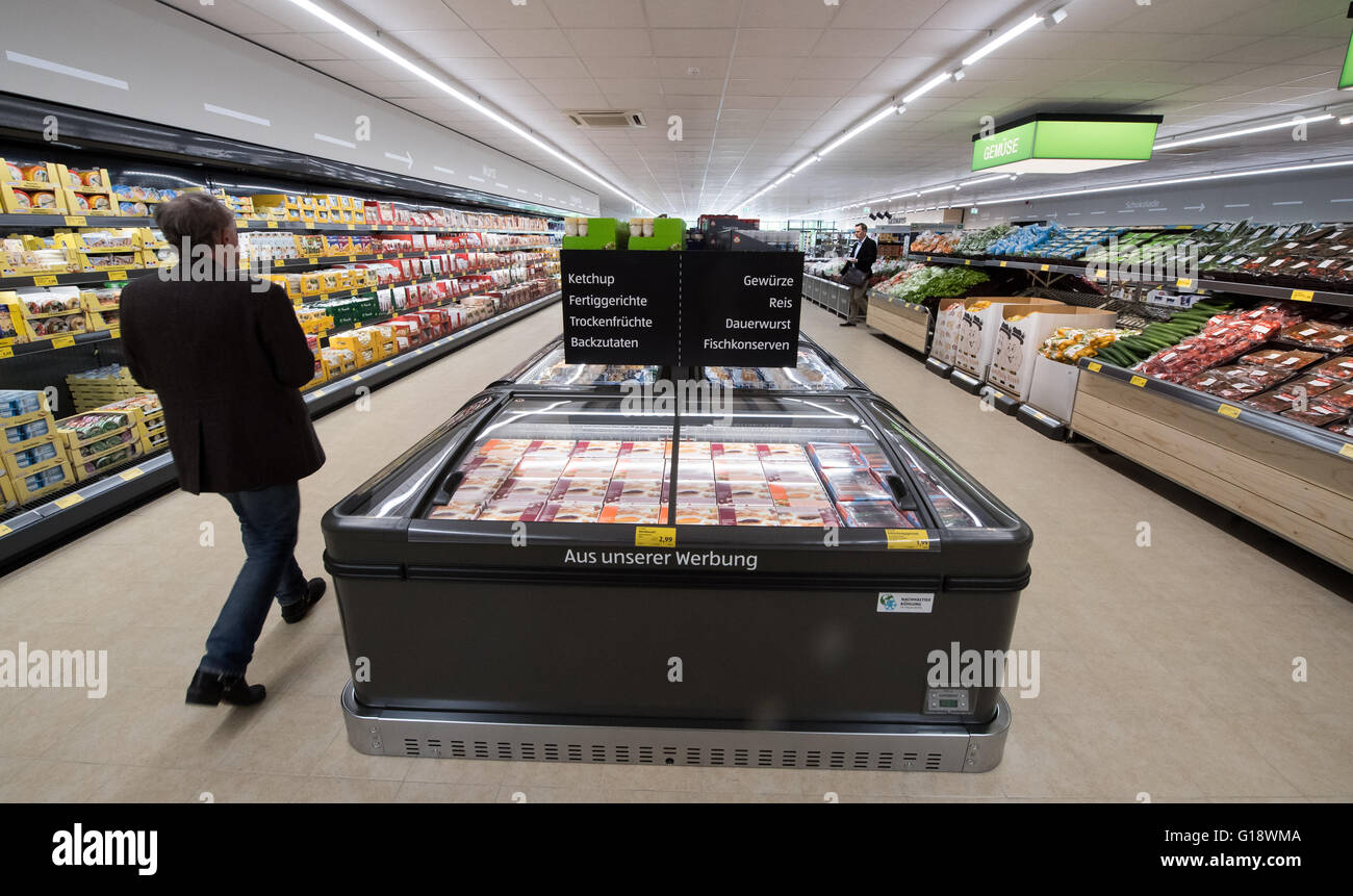 Munich, Germany. 11th May, 2016. A redesigned Aldi supermarket is ...