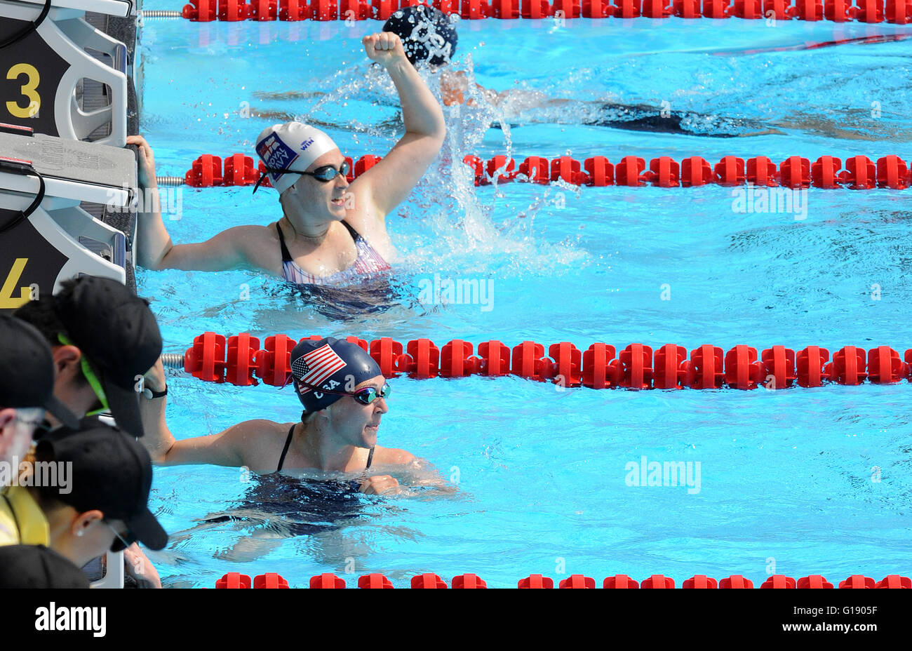 Orlando, Florida, USA. 11th May, 2016. A swimmer celebrates after ...