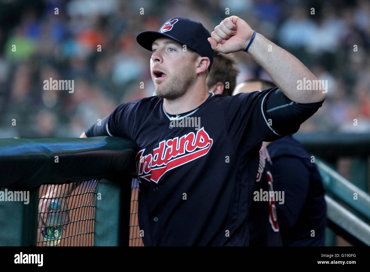 MAY 11 2016:Cleveland Indians catcher Chris Gimenez (38) cheers on a ...