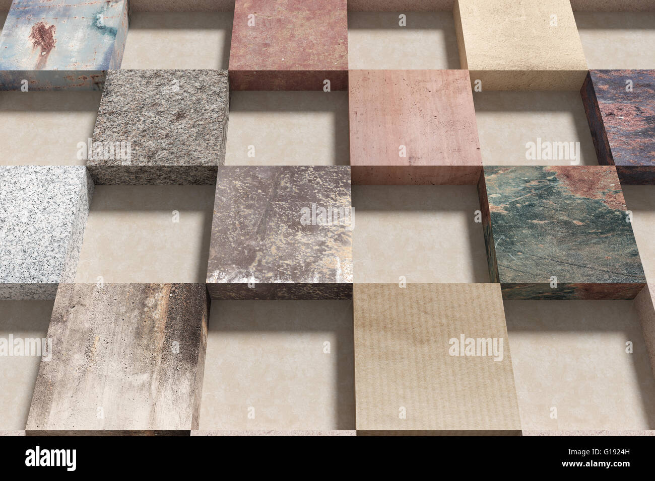 3d rendering of side view on wall made of different square elements ...