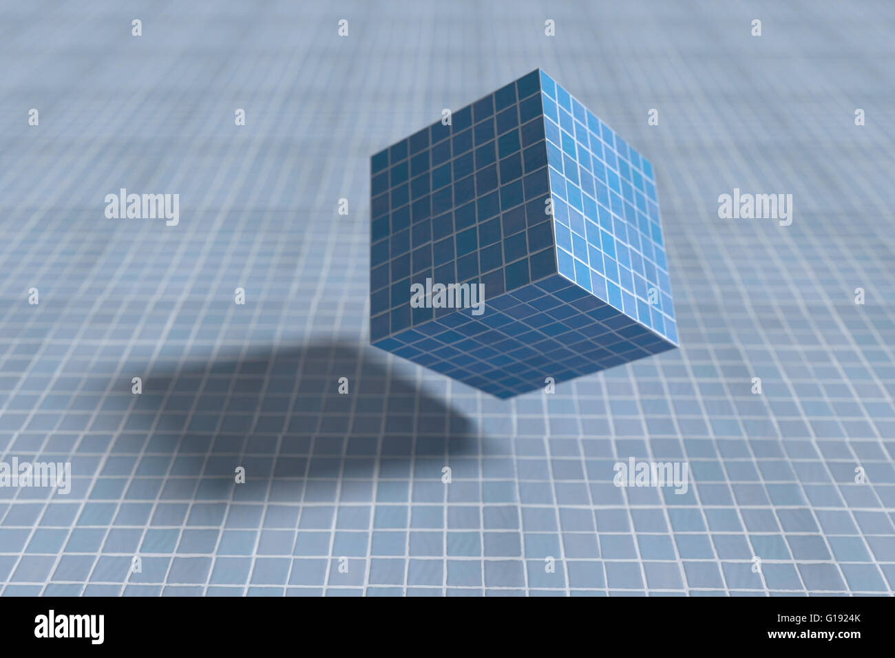 3d rendering of blue cube casting shadow on mosaic surface Stock Photo ...