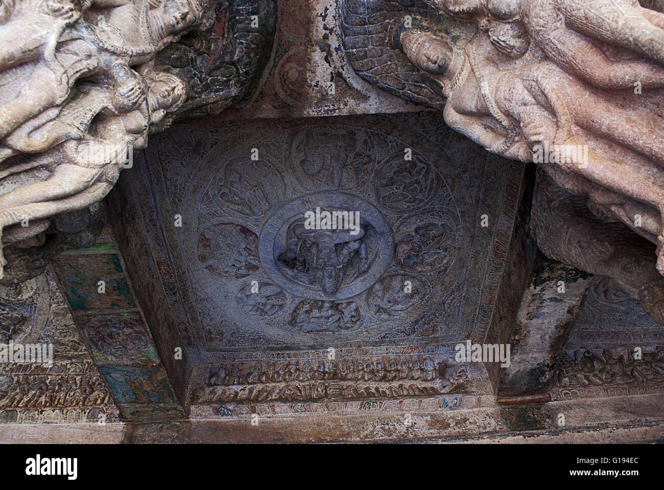 Cave 3 : Fresco paintings on the ceiling, four armed Lord Brahma ...