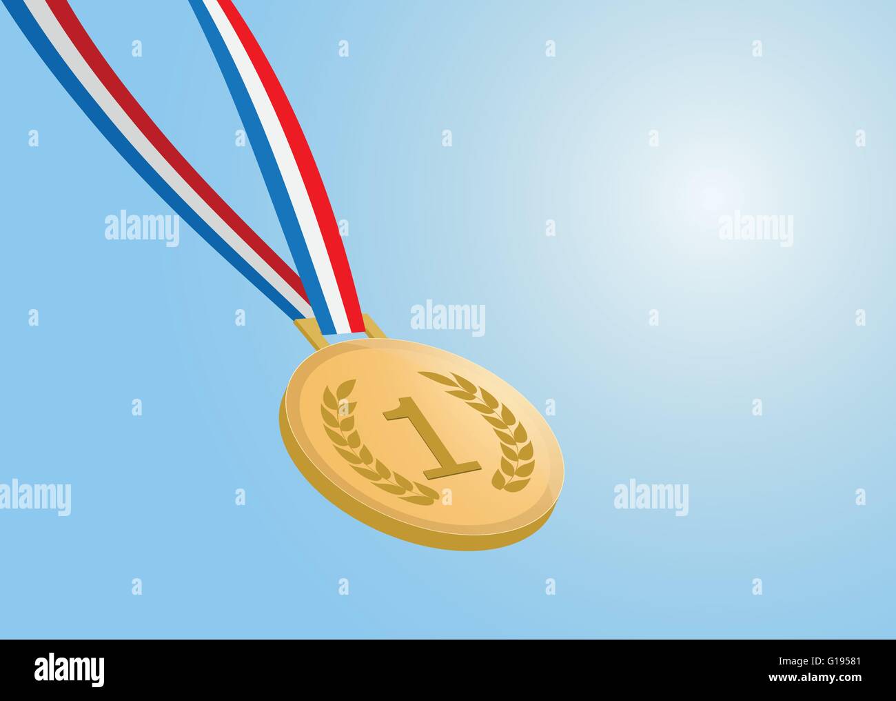 number one gold medal with ribbon on blue background. vector eps 10 ...