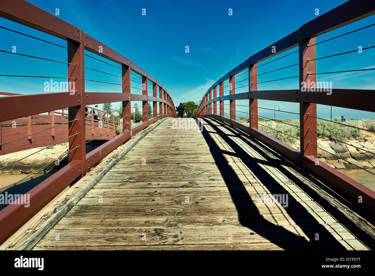 wooden walkway with railings disappearing into the horizon Stock Photo ...
