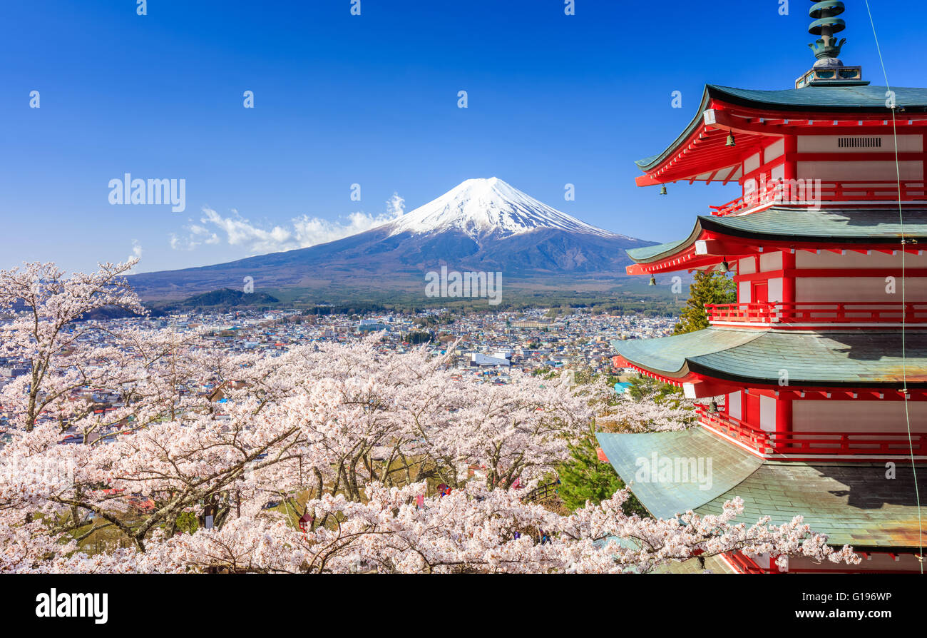 Mt. Fuji with Chureito Pagoda in Spring, Fujiyoshida, Japan Stock Photo ...
