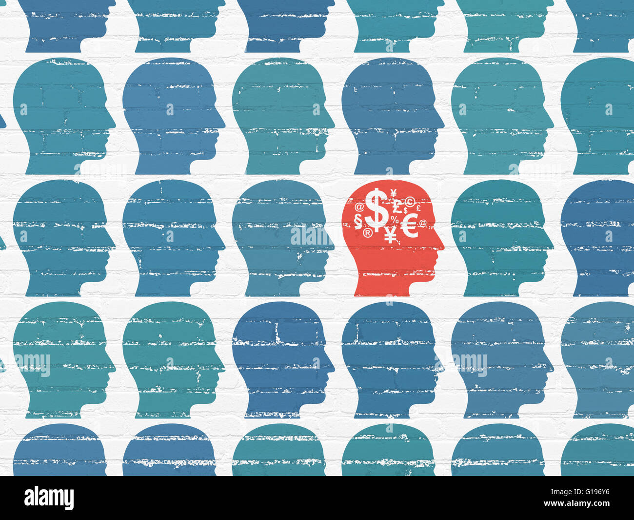 Finance concept: head with finance symbol icon on wall background Stock ...
