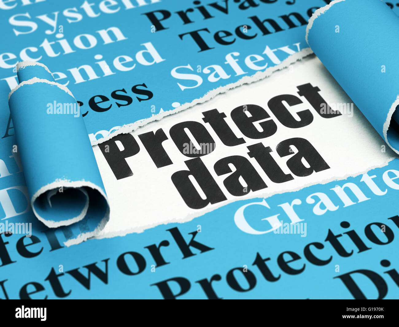 Privacy concept: black text Protect Data under the piece of torn paper ...