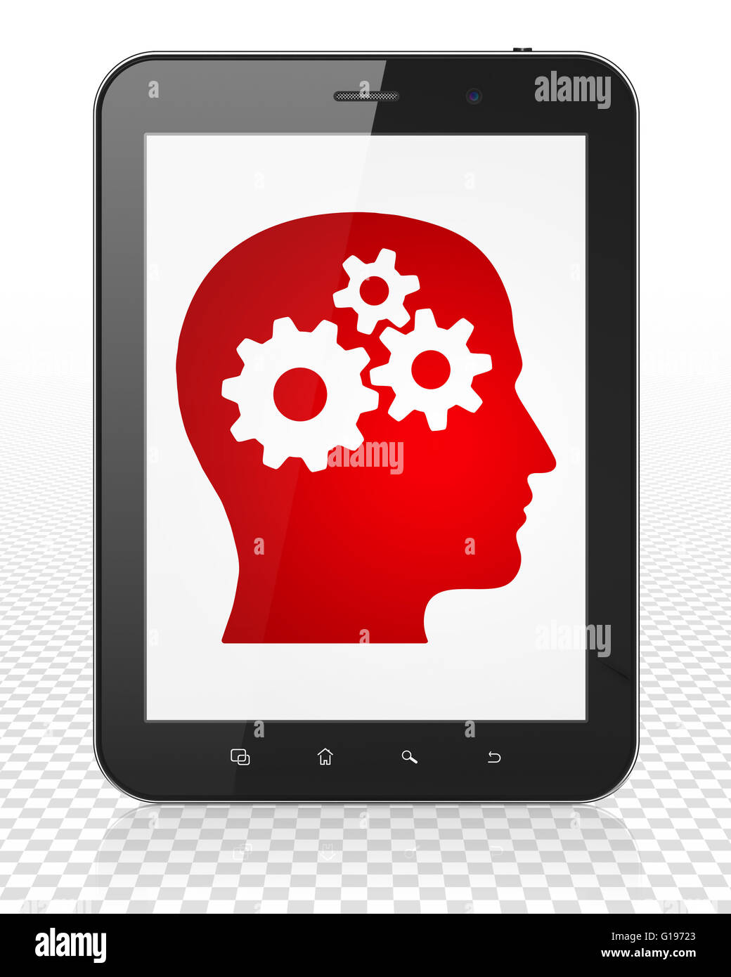 Information concept: Tablet Pc Computer with Head With Gears on display ...
