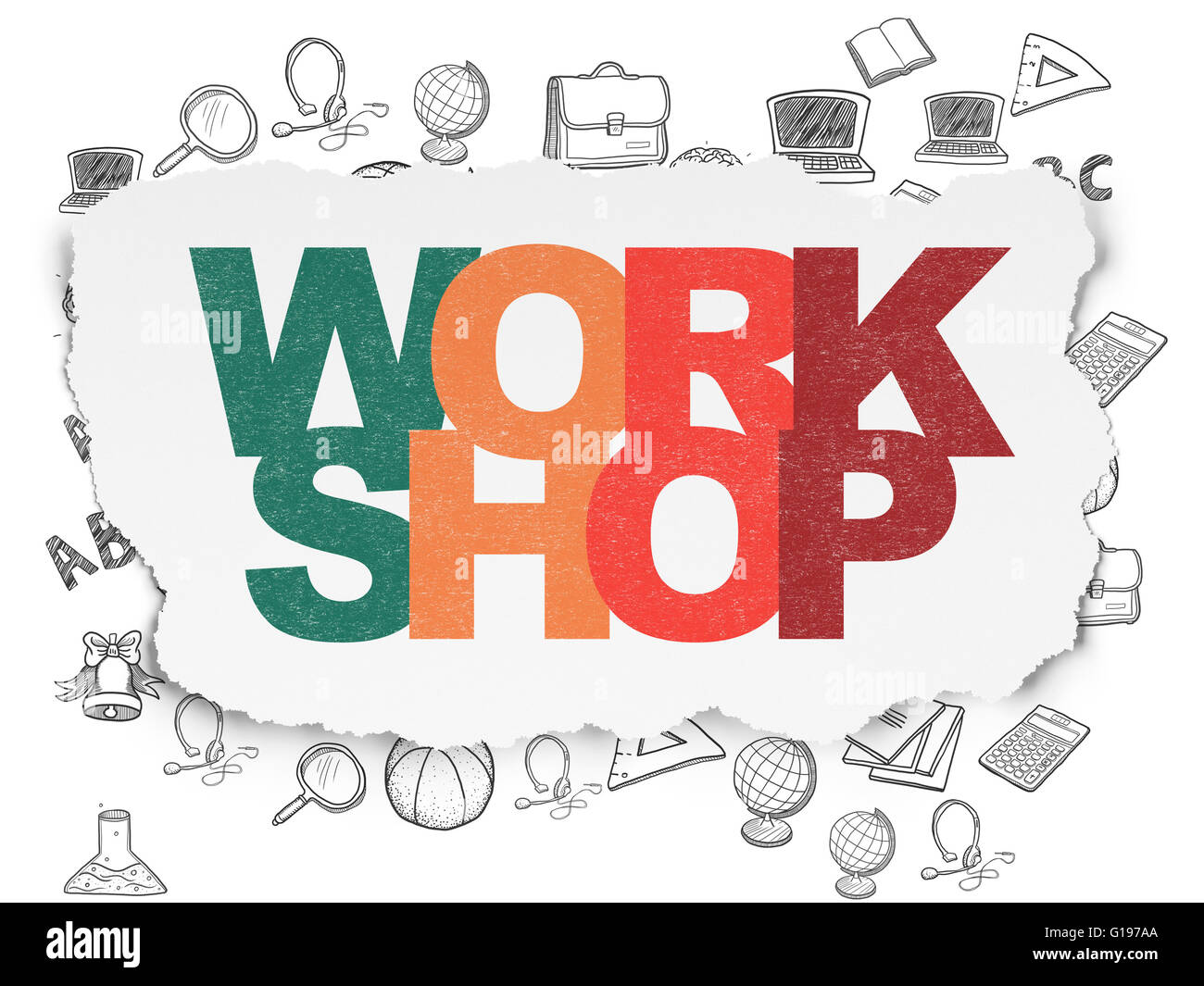 Studying concept: Workshop on Torn Paper background Stock Photo - Alamy
