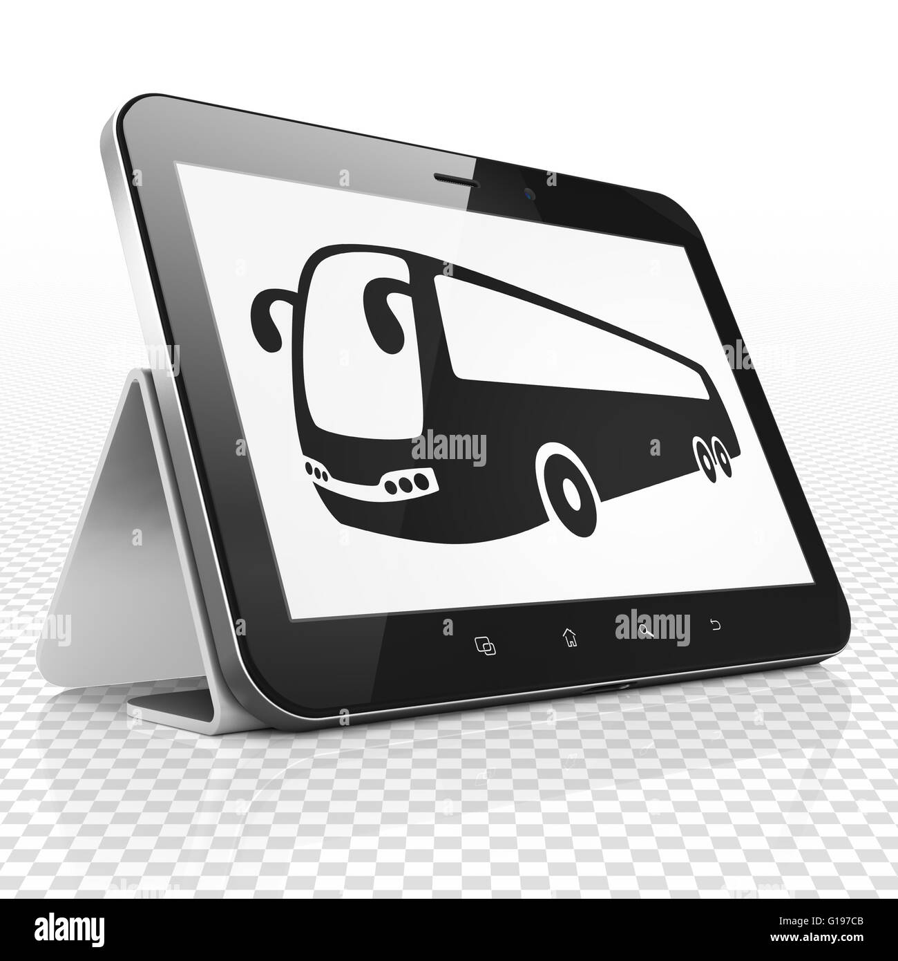 Vacation concept: Tablet Computer with Bus on display Stock Photo - Alamy