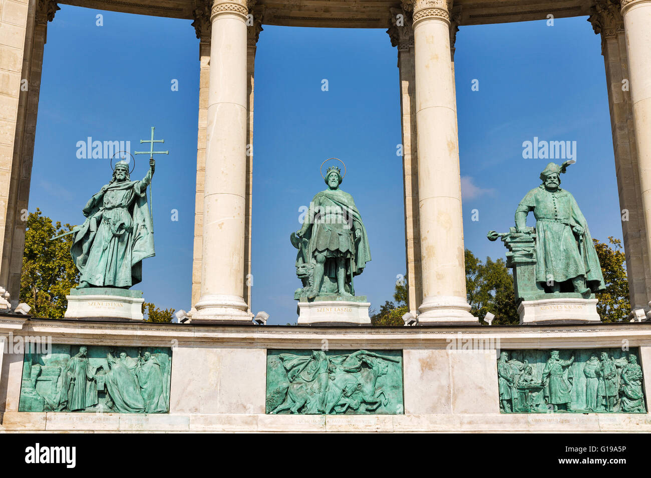 Columns and bronze statues of the monument in Heroes square, Budapest ...
