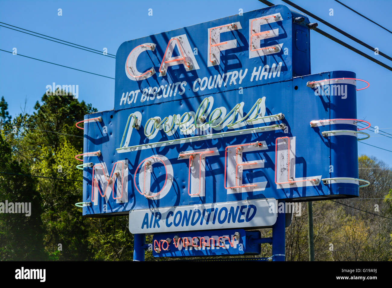 Big blue neon road Sign for the famous Loveless Motel and Cafe near ...