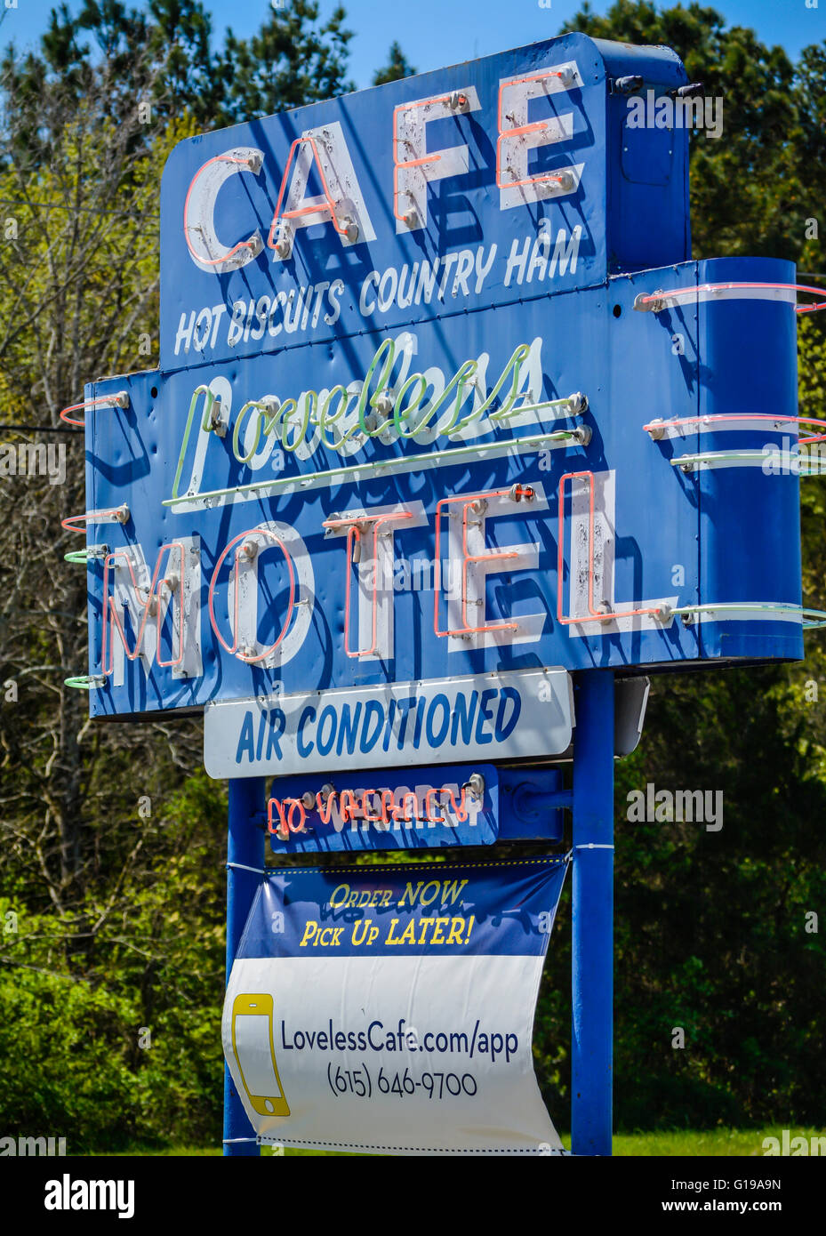 Big blue neon road Sign for the famous Loveless Motel and Cafe near ...