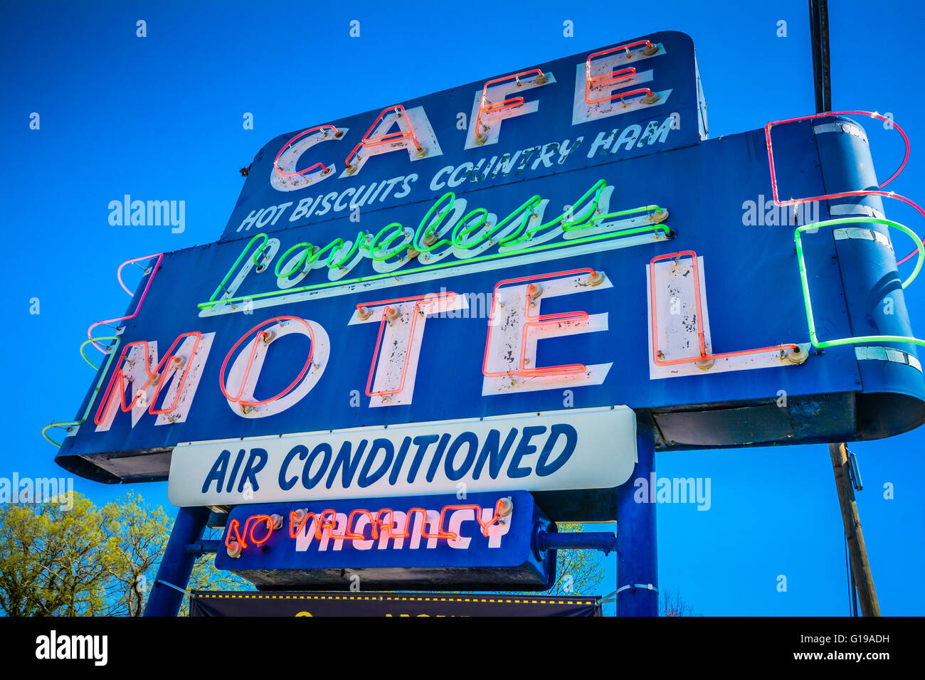 Big blue neon road Sign for the famous Loveless Motel and Cafe near ...