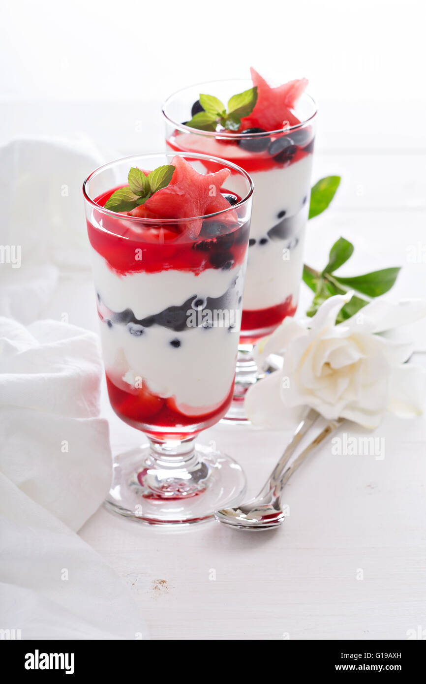 Red blue and white yogurt parfait Stock Photo - Alamy
