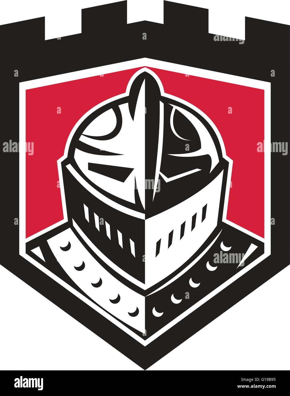 Illustration of a knight helmet viewed from front set inside shield ...