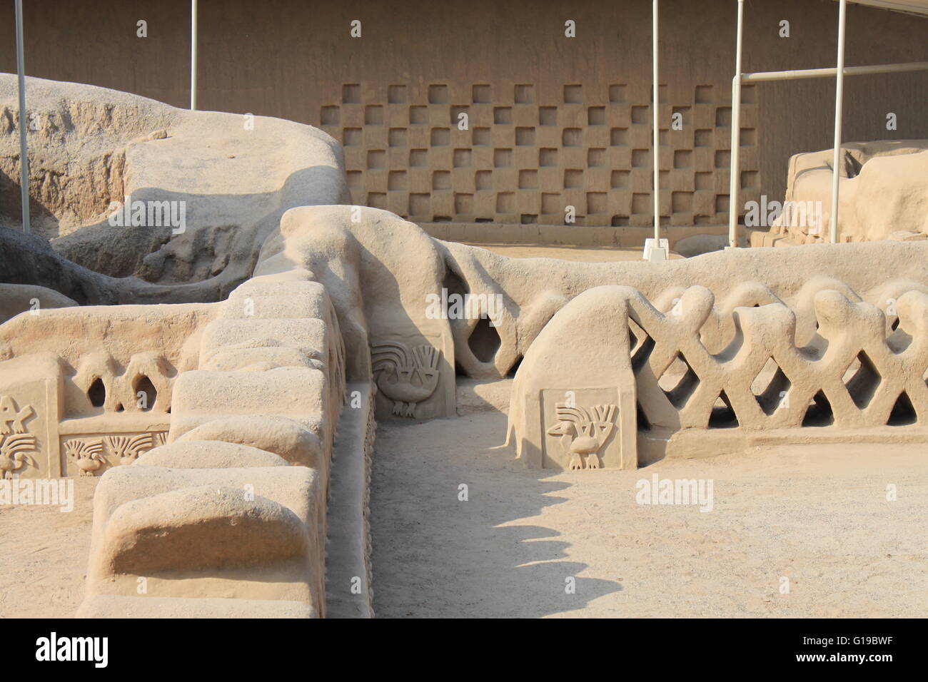 Sands stone sculptures and carvings at the Chan Chan archaeological ...