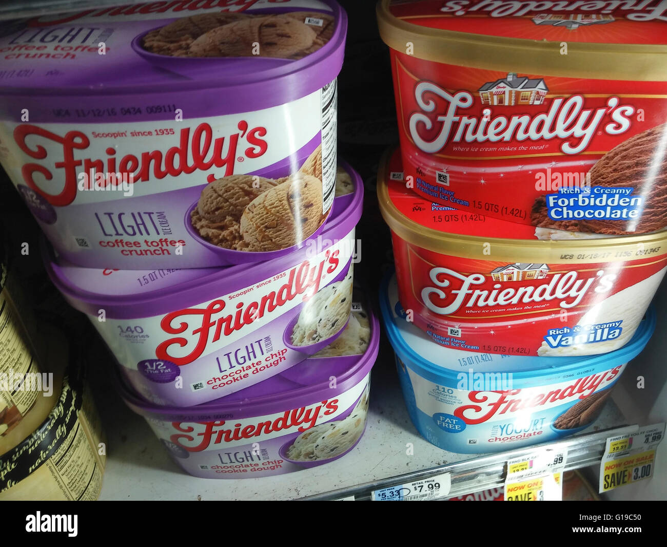 Containers of Friendly's brand ice cream in a supermarket freezer in ...