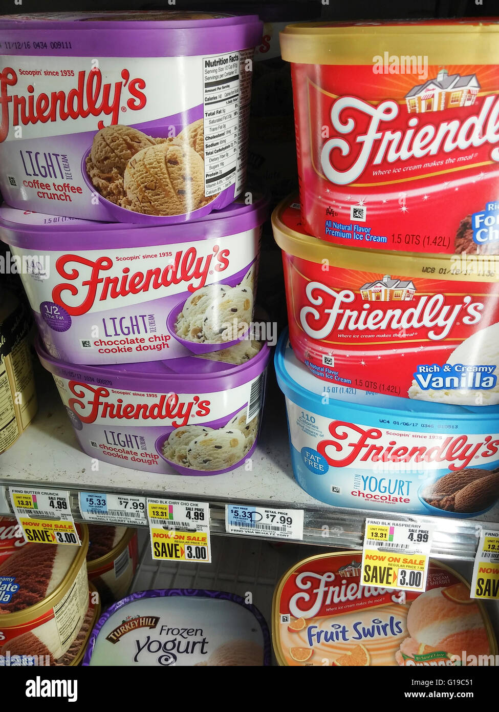 Containers of Friendly's brand ice cream in a supermarket freezer in ...