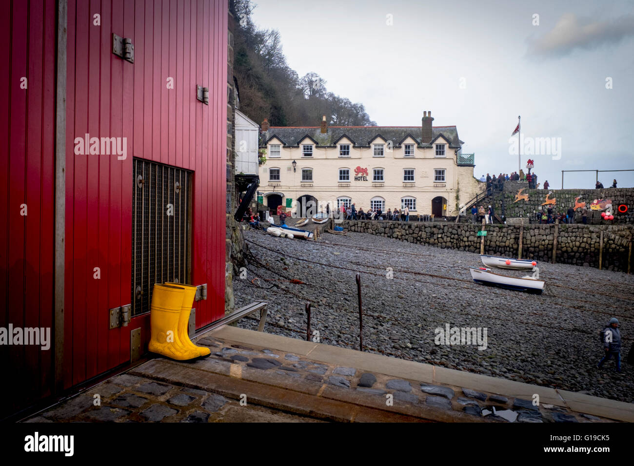 Yellow wellington boots outside the RNLI lifeboat station at Clovelly ...