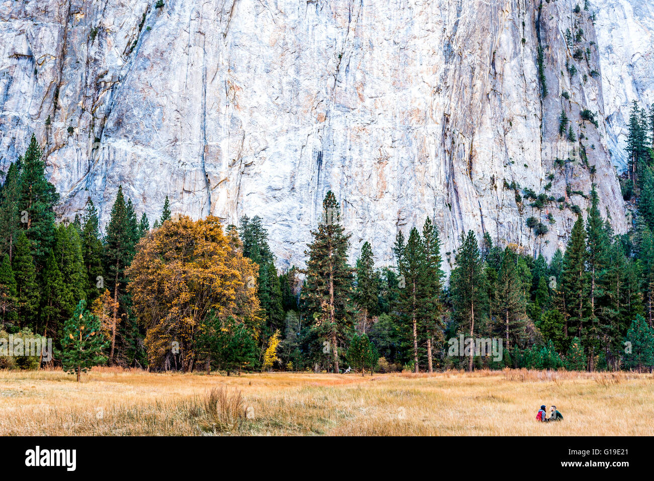 couple sitting in El Cap meadow Stock Photo - Alamy